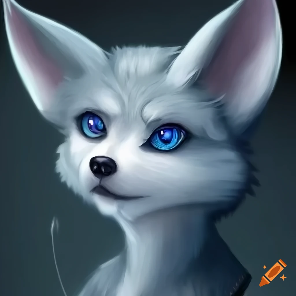Anthropomorphic female white wolf with fennec fox ears and blue eyes in ...