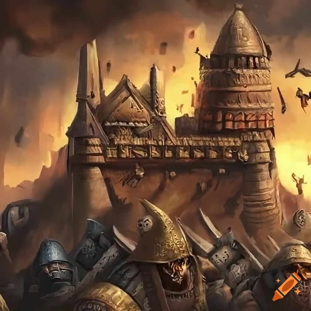 Battlefield - goblin army besieging dwarven fortress on Craiyon