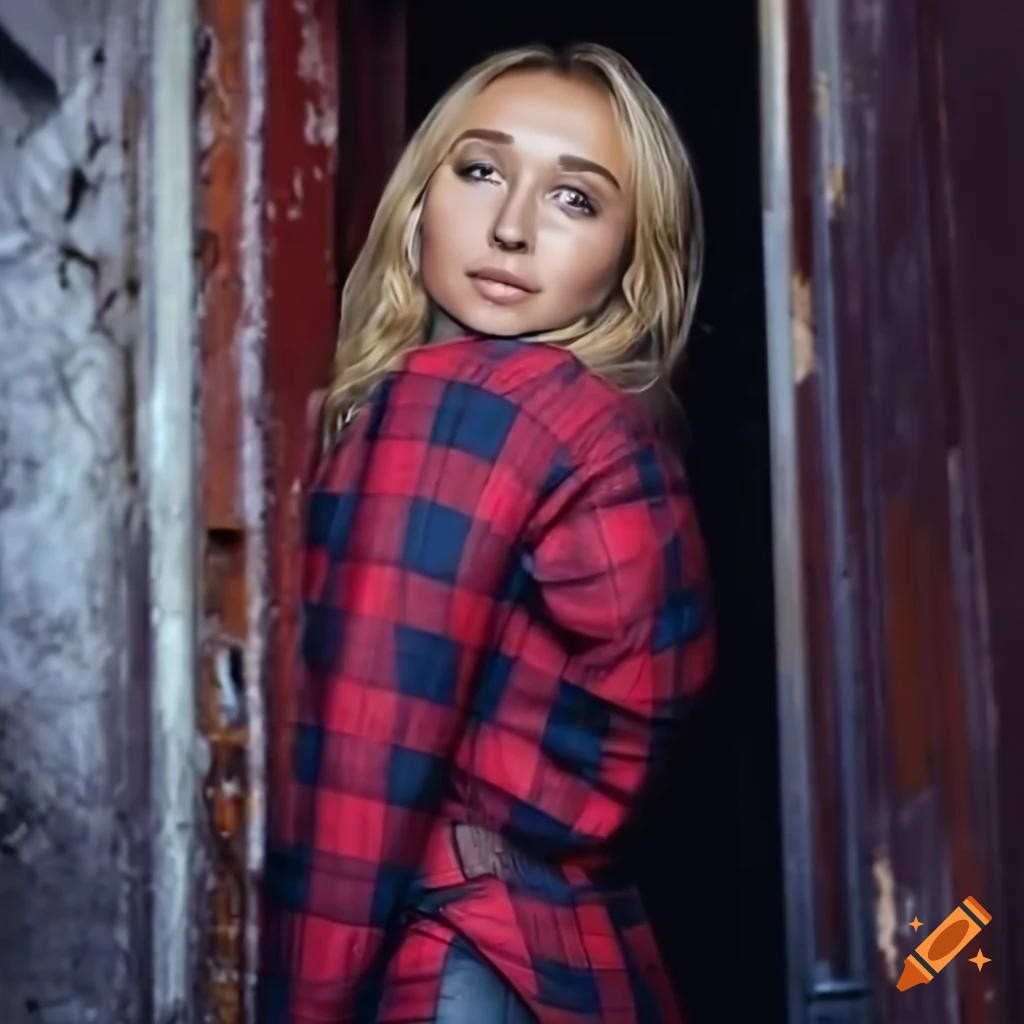 Blonde actress in red plaid shirt and high-waist black leather trousers peeking through derelict ...