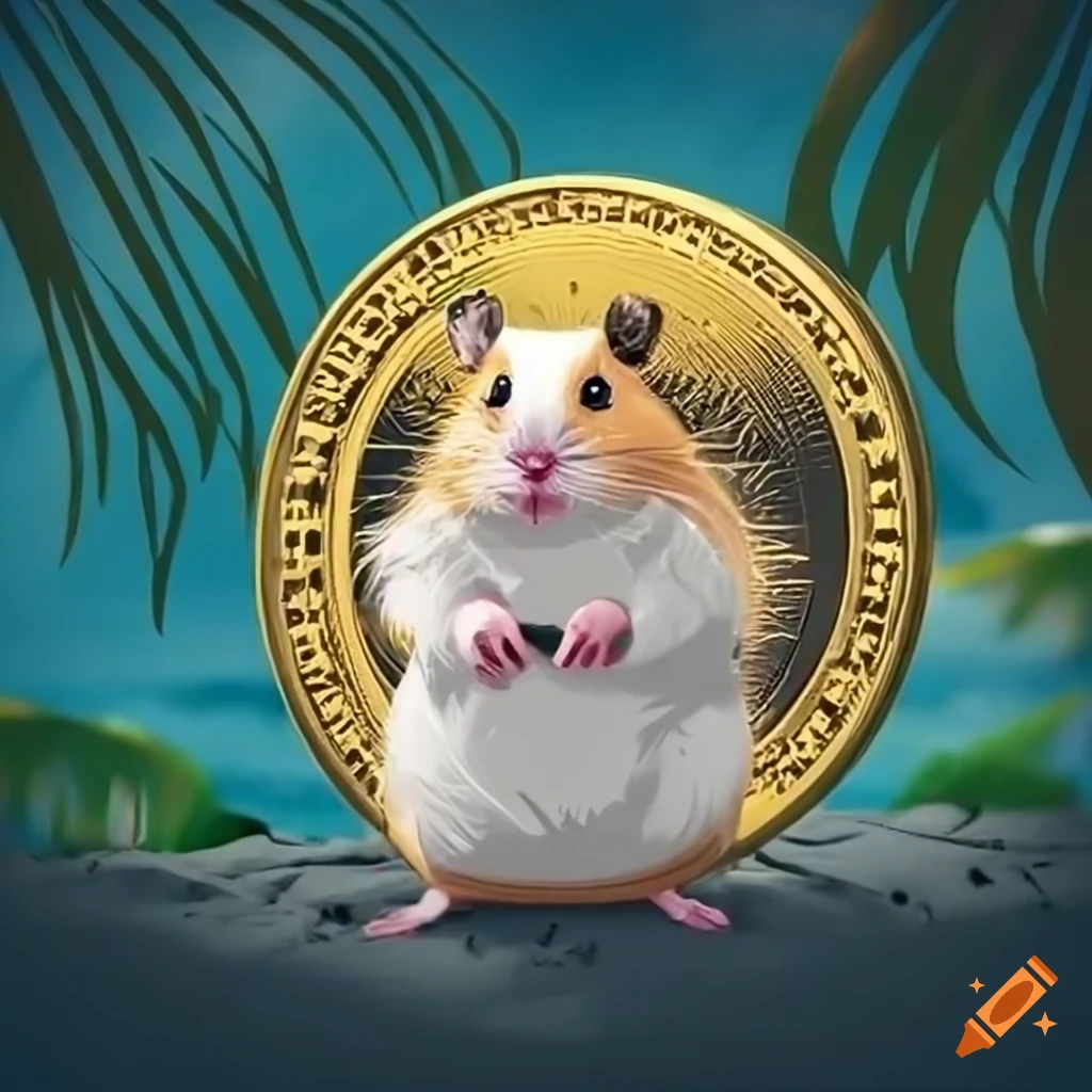 Hamster holding a crypto coin with a paradise background on Craiyon