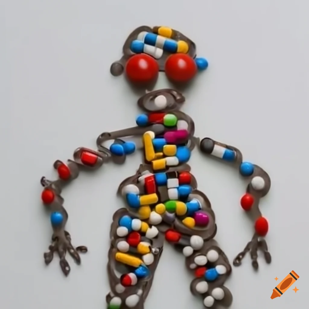 Humanoid creature composed of pharmaceutical pills on Craiyon