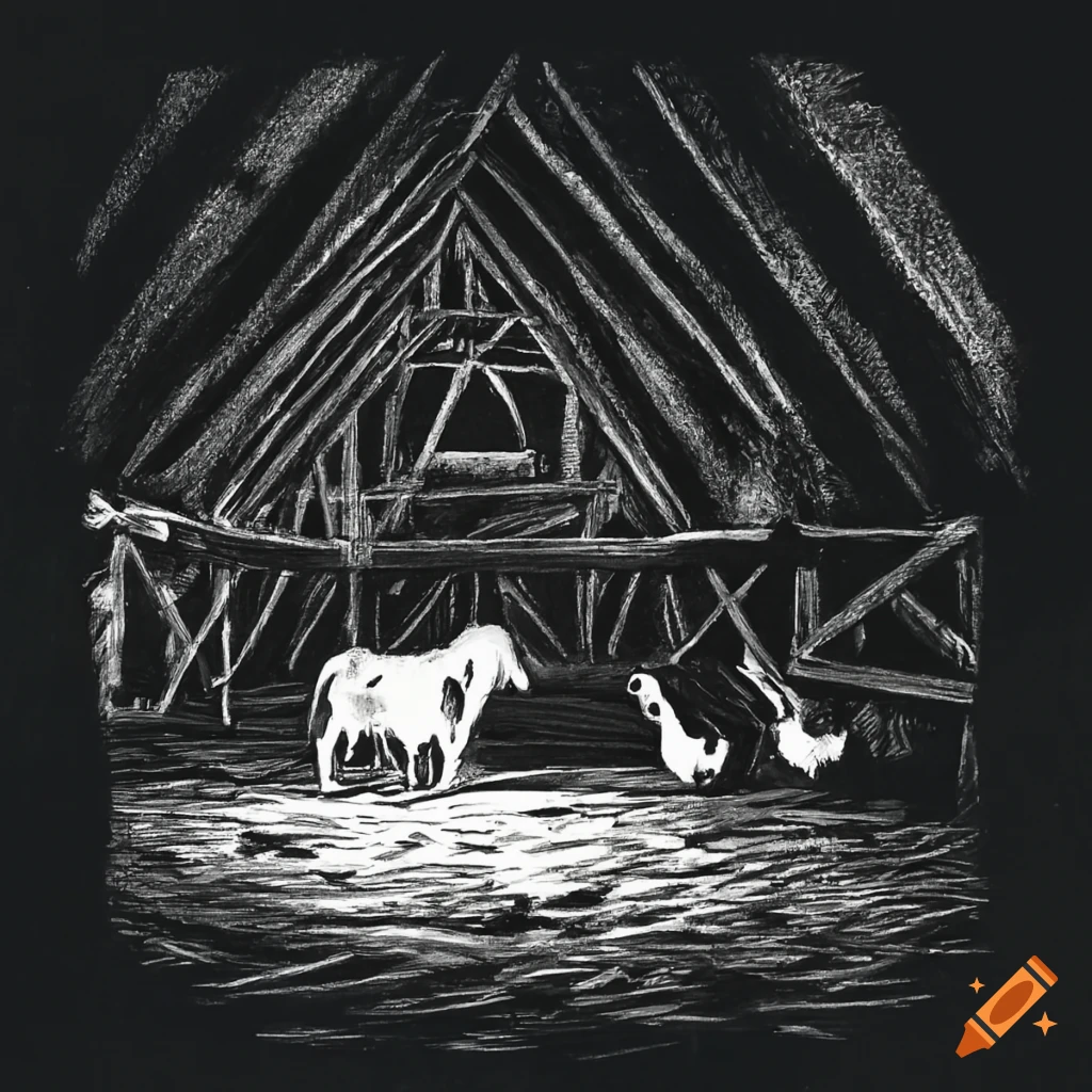 Cows and geese in a barn at night in a village, charcoal drawing in black and white on Craiyon