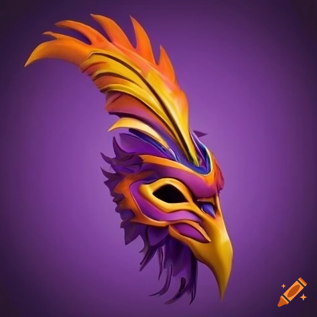 Stylized purple and orange phoenix mask on Craiyon