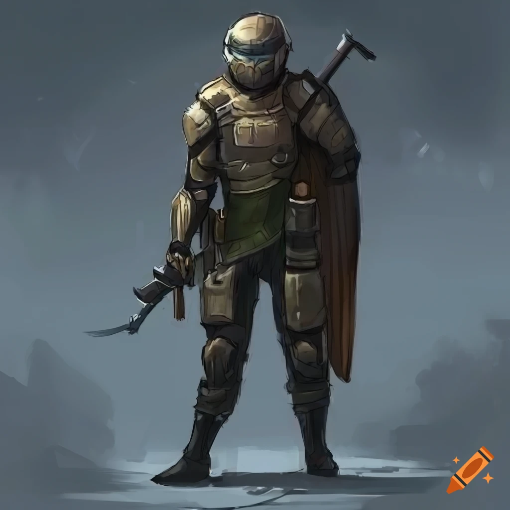 Concept art of a soldier in agile armor wielding an elongated machete ...