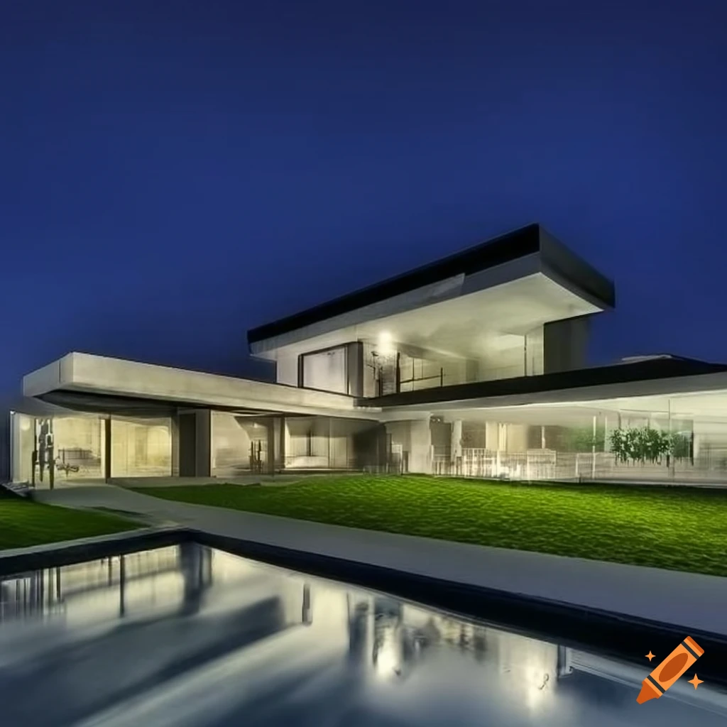 Modern house in a futuristic night setting with beautiful scenery on ...