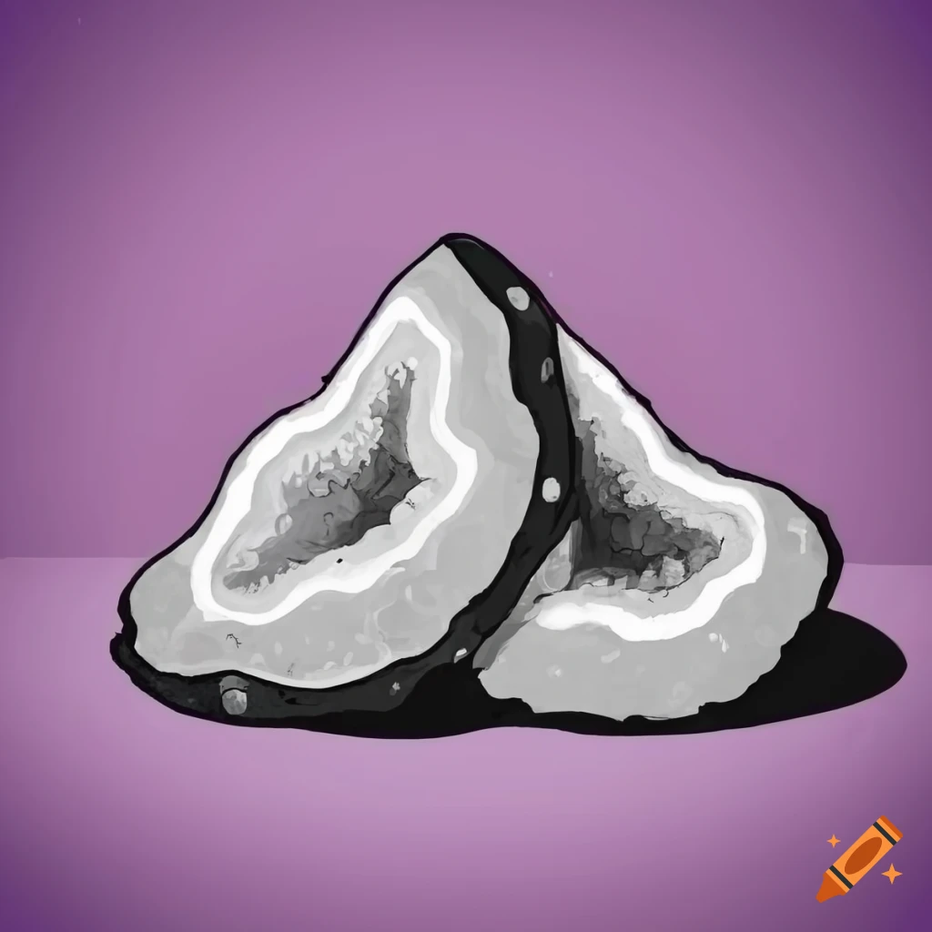Black and white drawing of two geode halves after being split open on ...