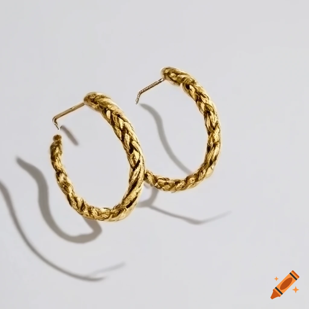 Gold metal hoop earring with braid texture and plait detail on Craiyon