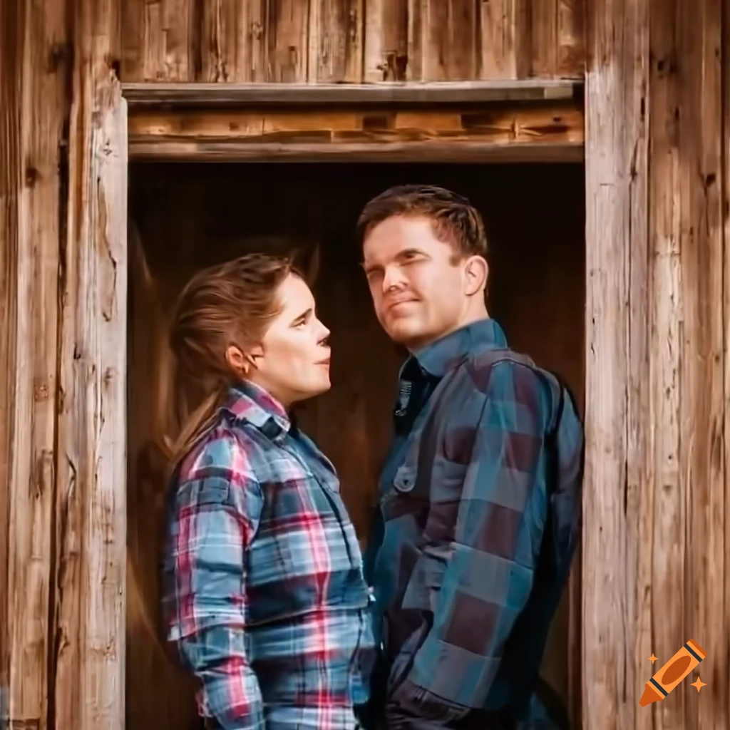 English couple peeping through door of barn with country outfit on Craiyon