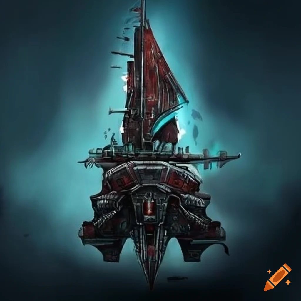 Pirate sci-fi spaceship in space battle with blood sword on Craiyon