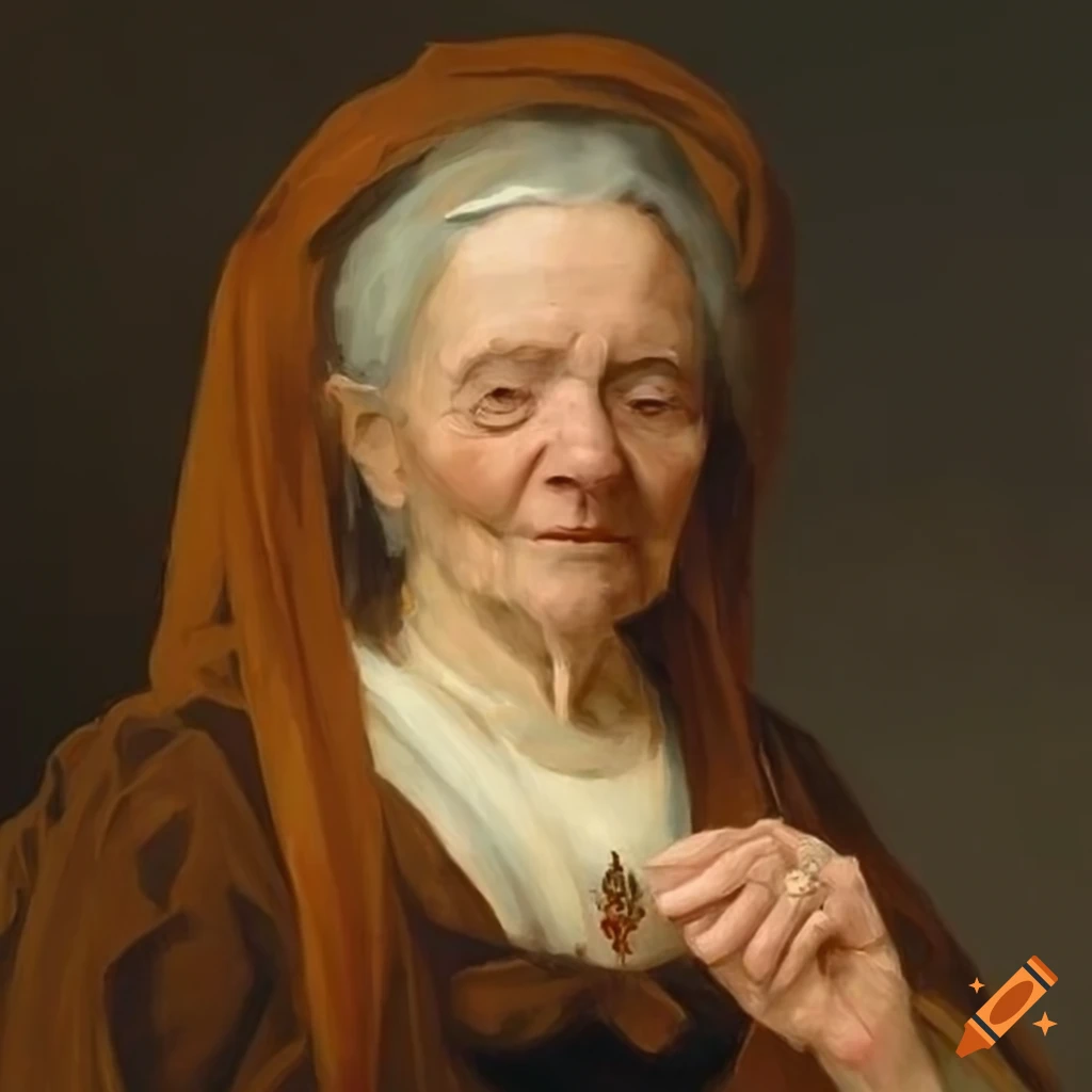 Portrait of an old woman with long ginger hair in a lady dress on Craiyon