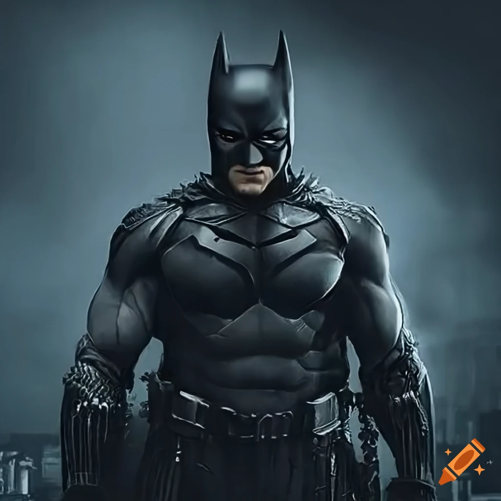 Muscular Batman on a rainy skyscraper rooftop in a gothic setting on ...