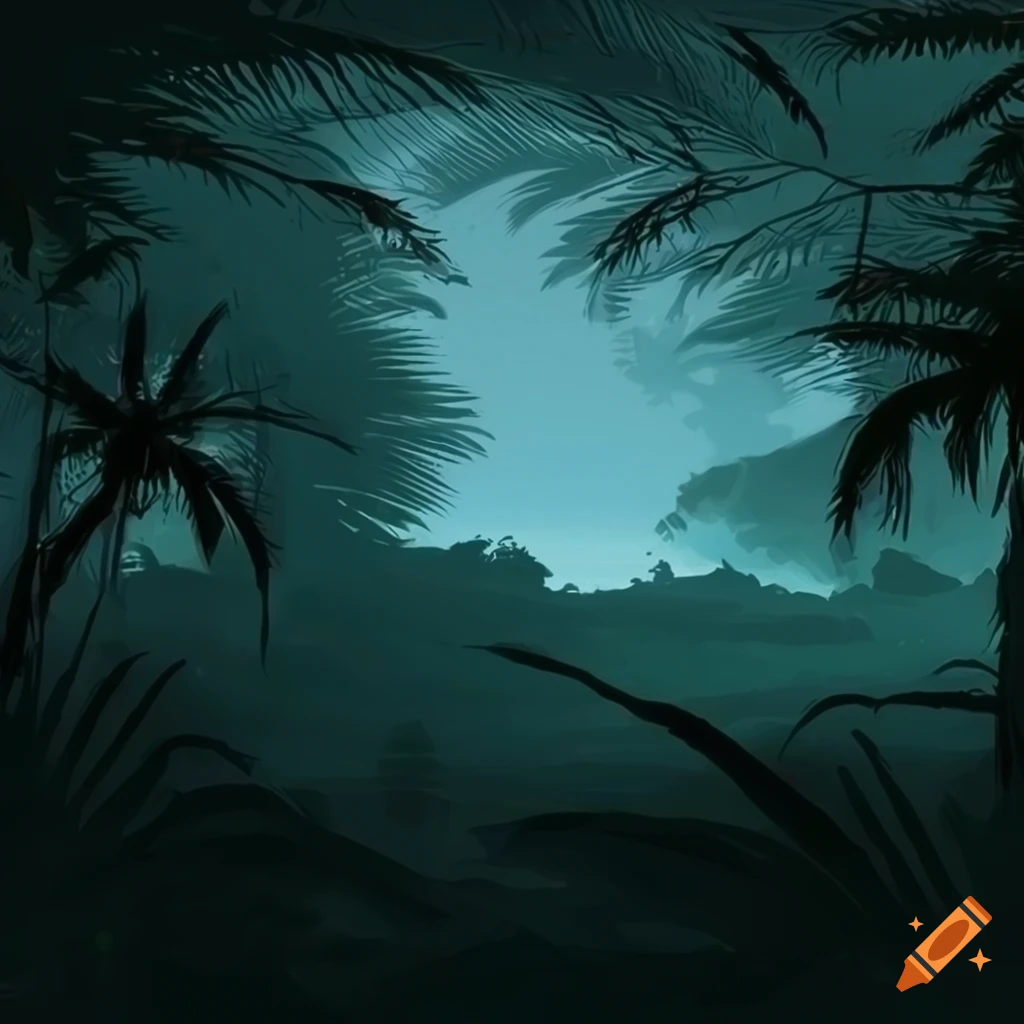 Palm trees in a dark jungle setting with cliff background in 2D on Craiyon