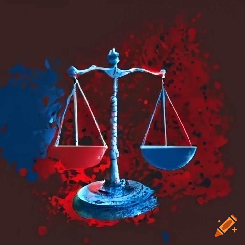 Justice scale court symbol in red and blue abstract splatter paint on ...