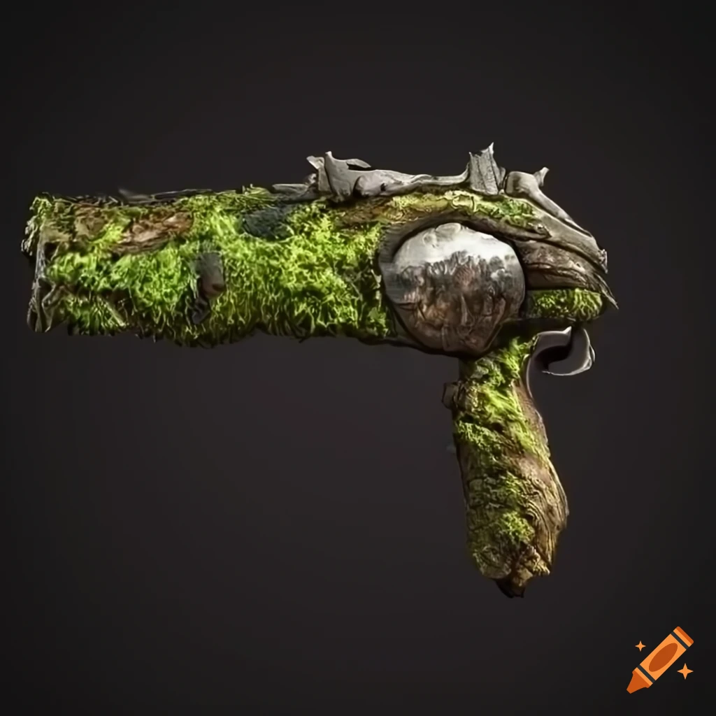 Fantasy pistol crafted from an ancient mossy tree stump on Craiyon