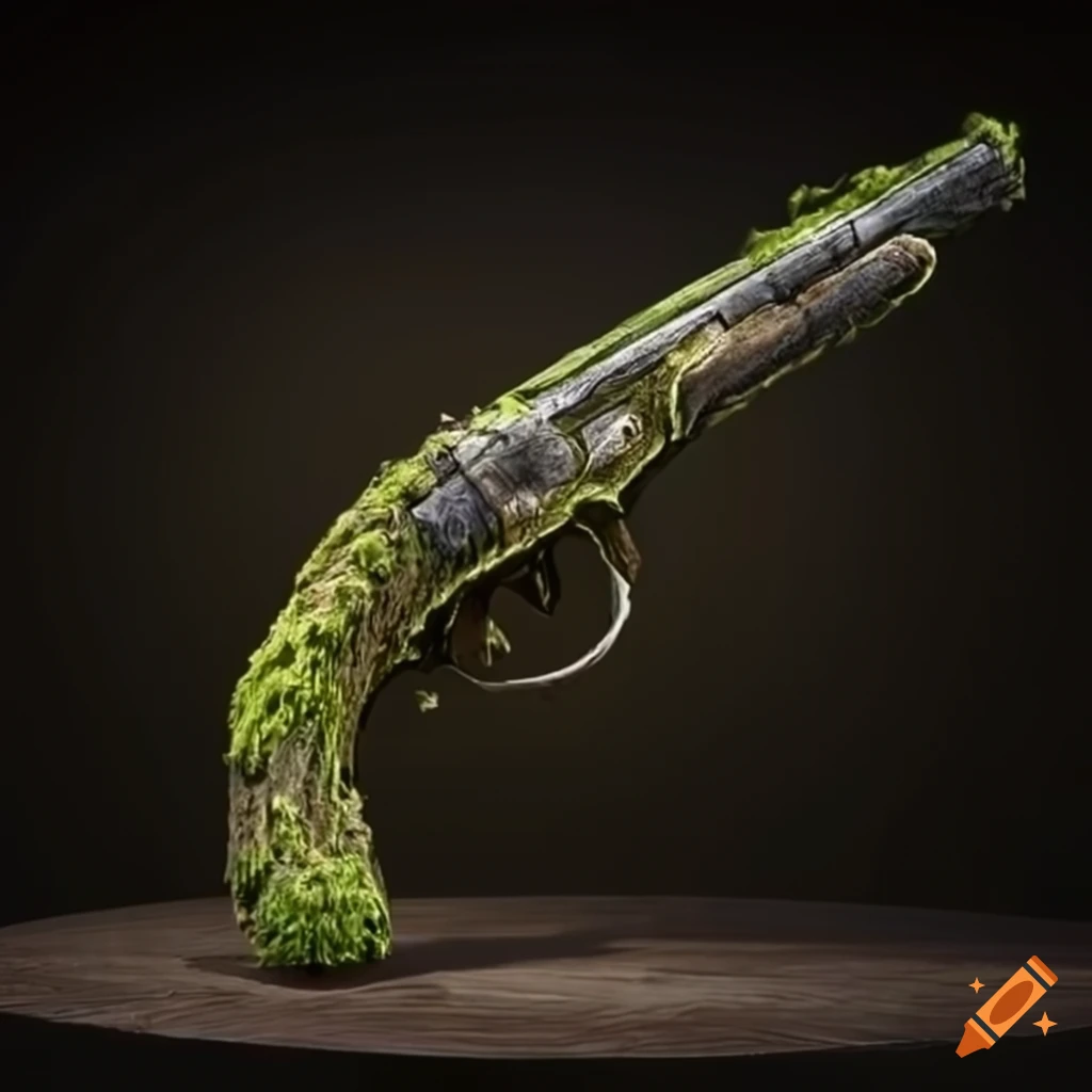 Fantasy handgun crafted from an ancient mossy tree stump on Craiyon