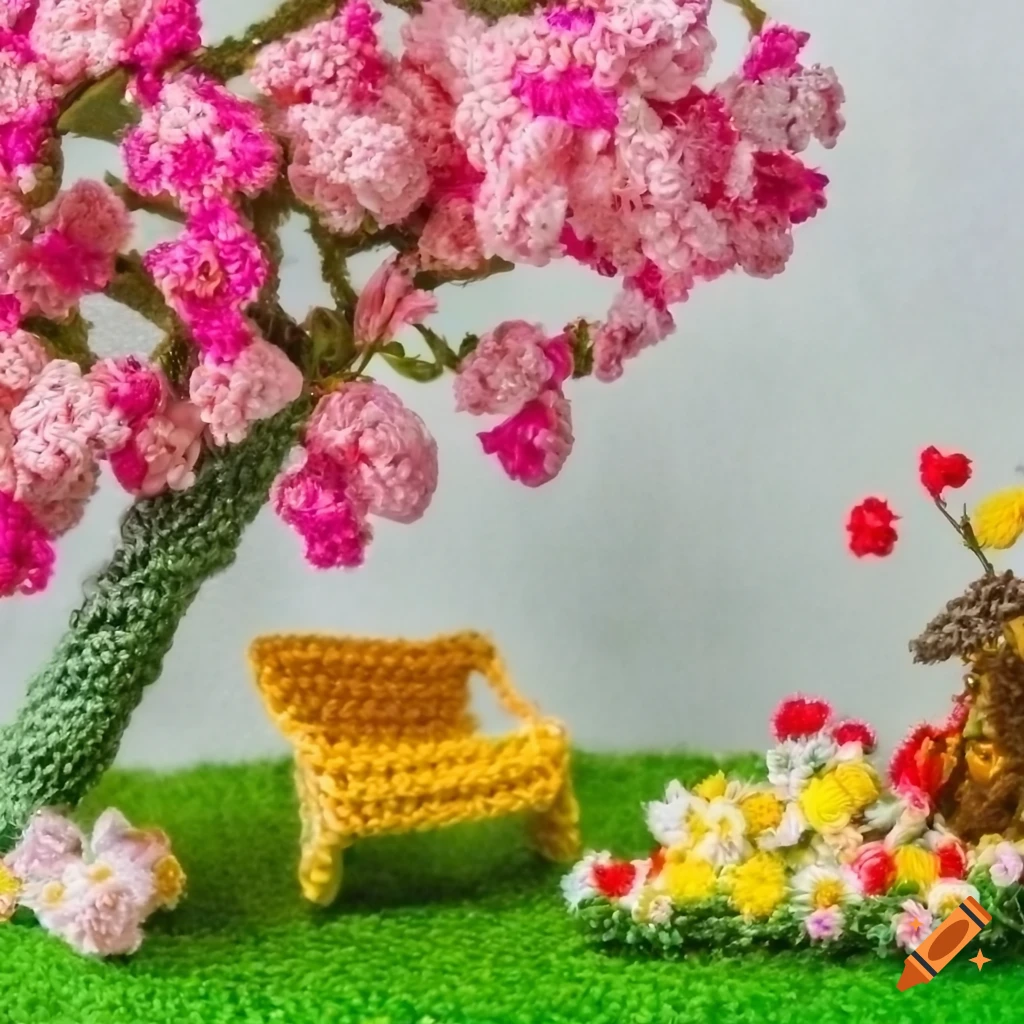 Miniature spring diorama with crochet flowers and pink tree on Craiyon