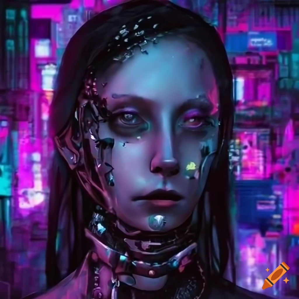 Close-up portrait of a female cyborg goddess in a dark cyberpunk ...