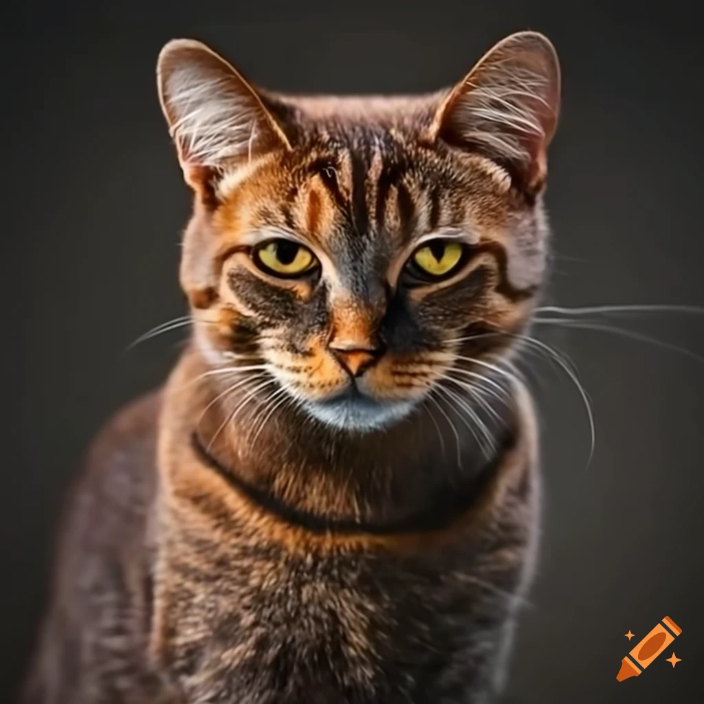 Brown cat with amber eyes and twisted tail on Craiyon