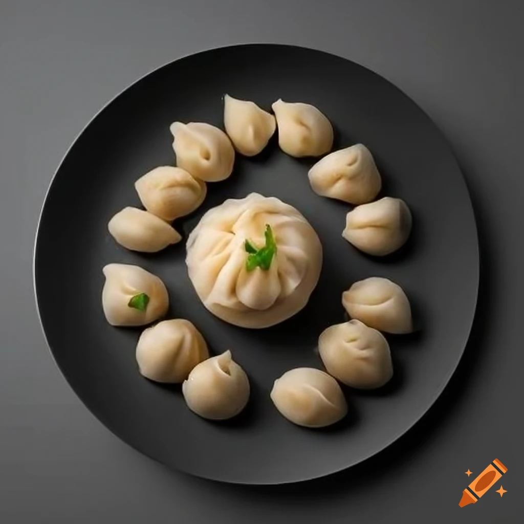Beautiful round dumpling on a black plate on Craiyon