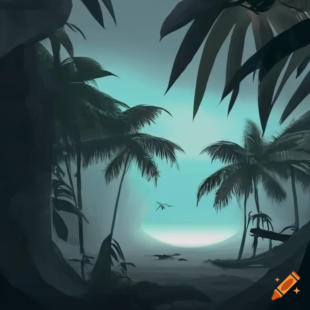 Palm trees in a dark jungle setting against a cliff backdrop in 2d on ...