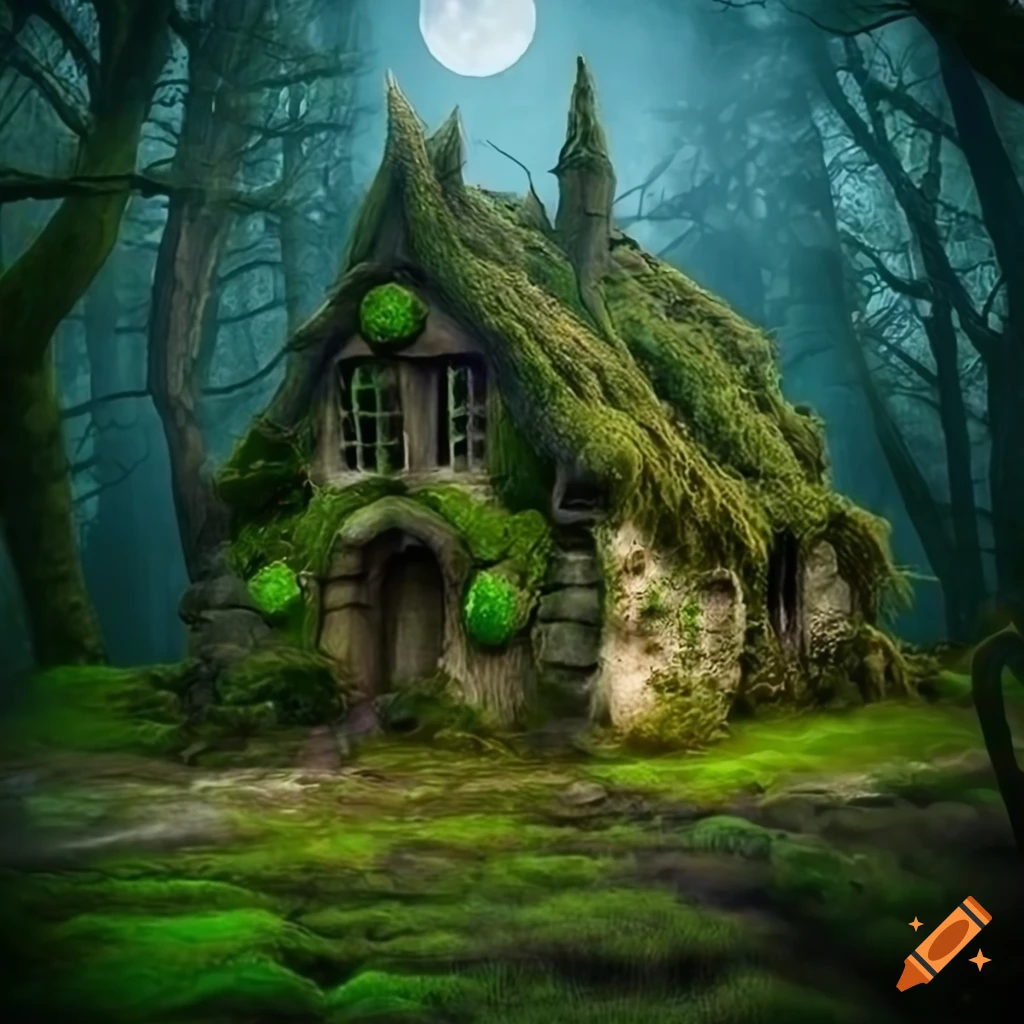 Photo realistic fantasy witch cottage in lush enchanted forest on Craiyon