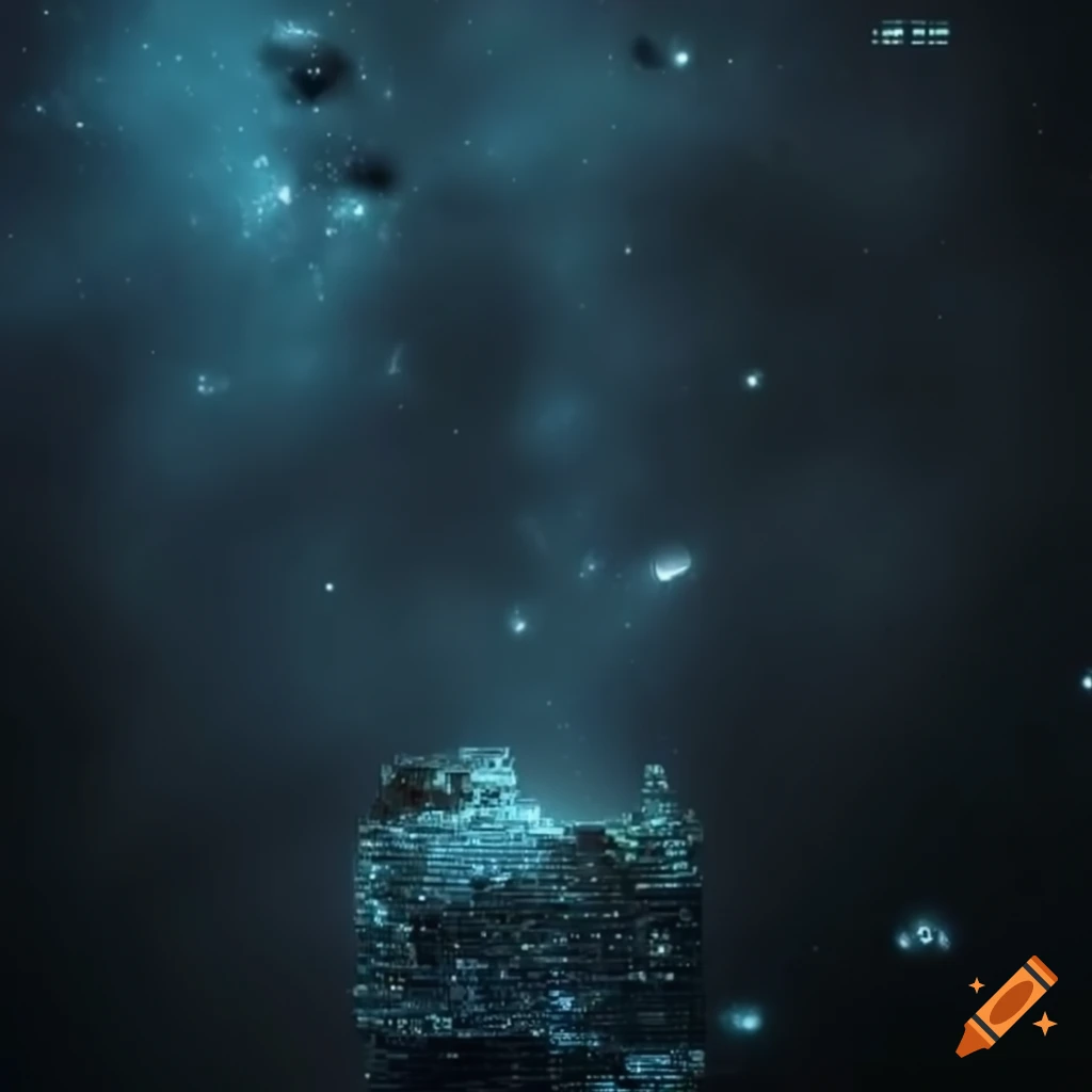 Space background with floating building and debris on Craiyon