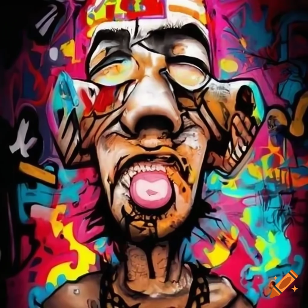 Urban graffiti art featuring a colorful gang character on Craiyon