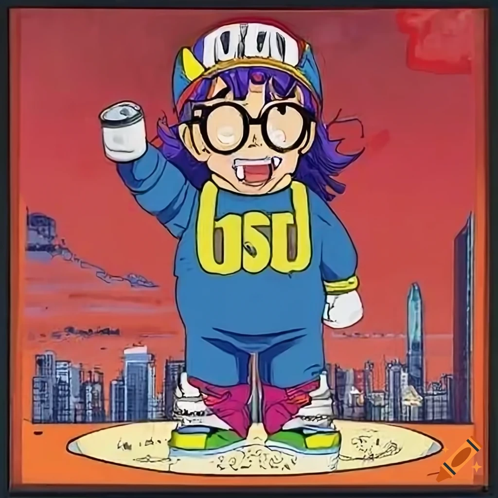 Vintage-inspired propaganda poster featuring Arale Robot with a mug of ...