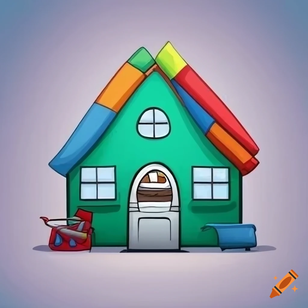 Colorful cartoon illustration of a tidy house on Craiyon