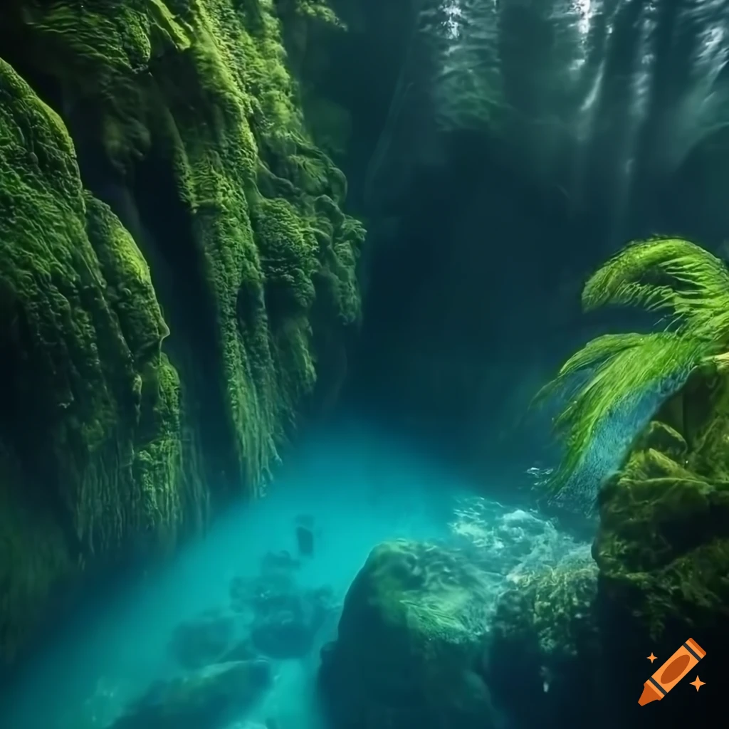 Split view of lush tropical forest above and below water with swimming ...