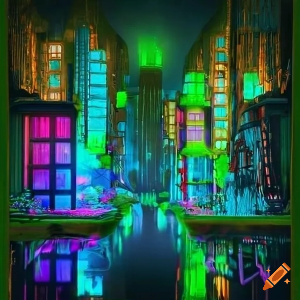 Colorful biopunk cityscape with glowing plants and moss-covered ...