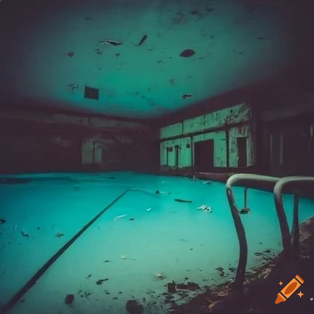 Abandoned creepy pool under eerie yellow light in vintage setting on ...