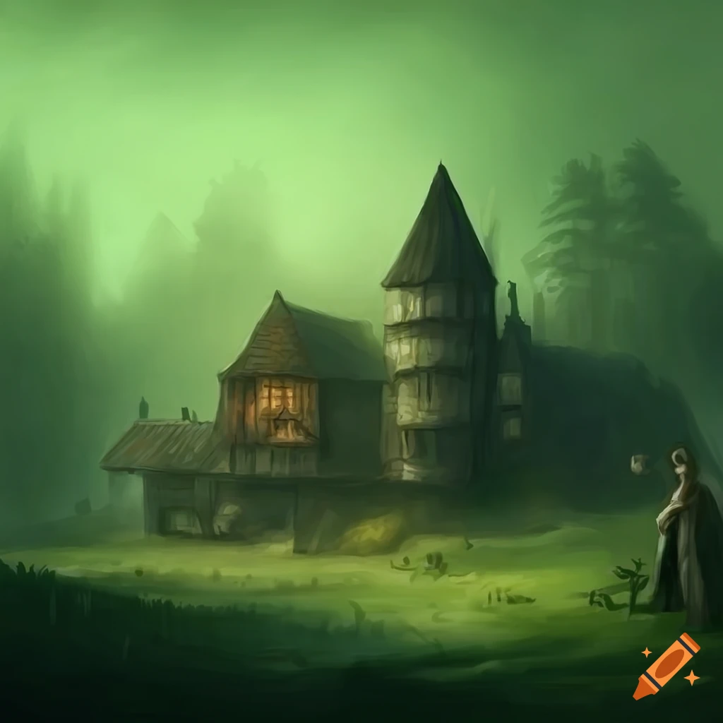 One-story medieval inn engulfed in green fog in a fantasy setting on ...