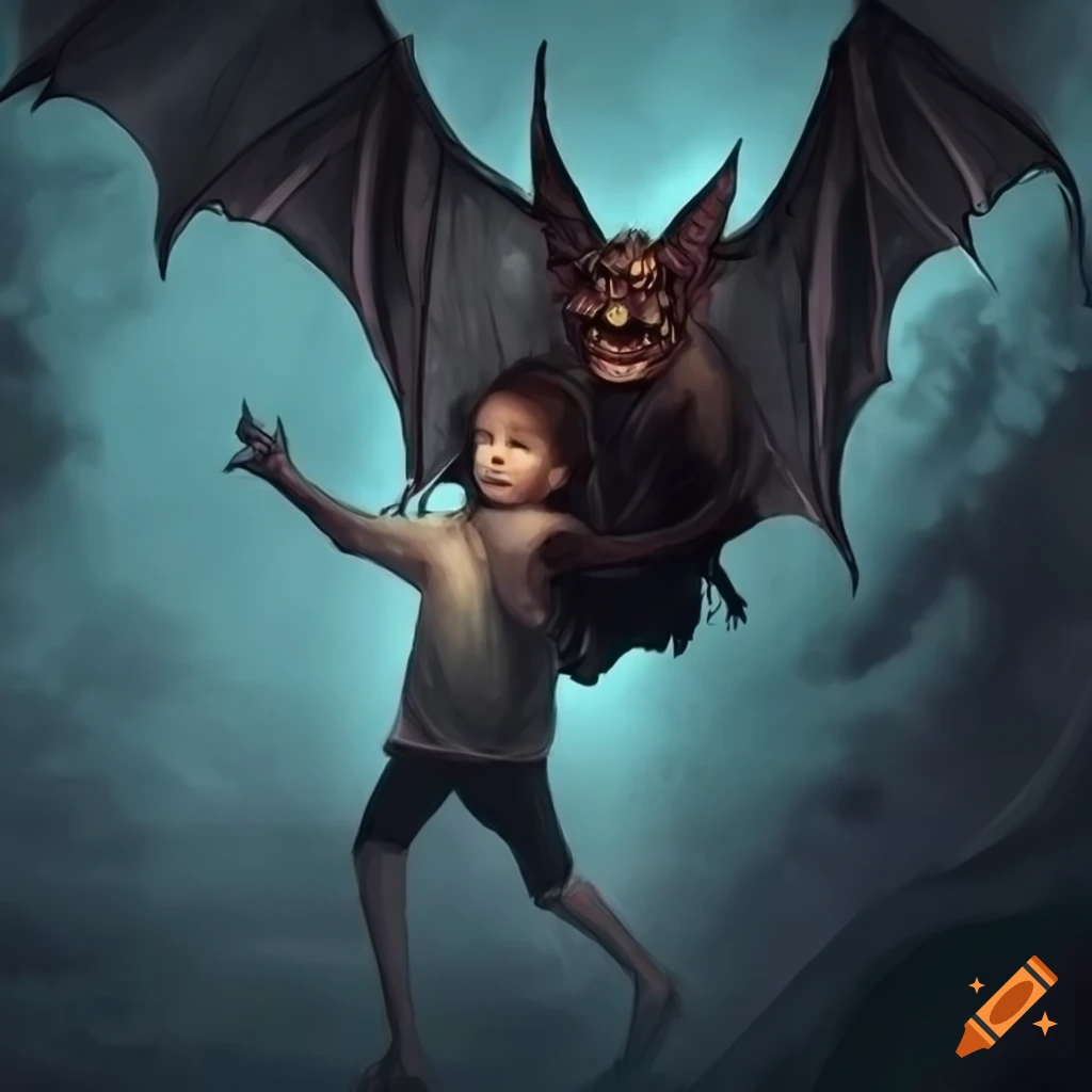 Bat creature carrying a child with spread wings in a dark fantasy scene ...