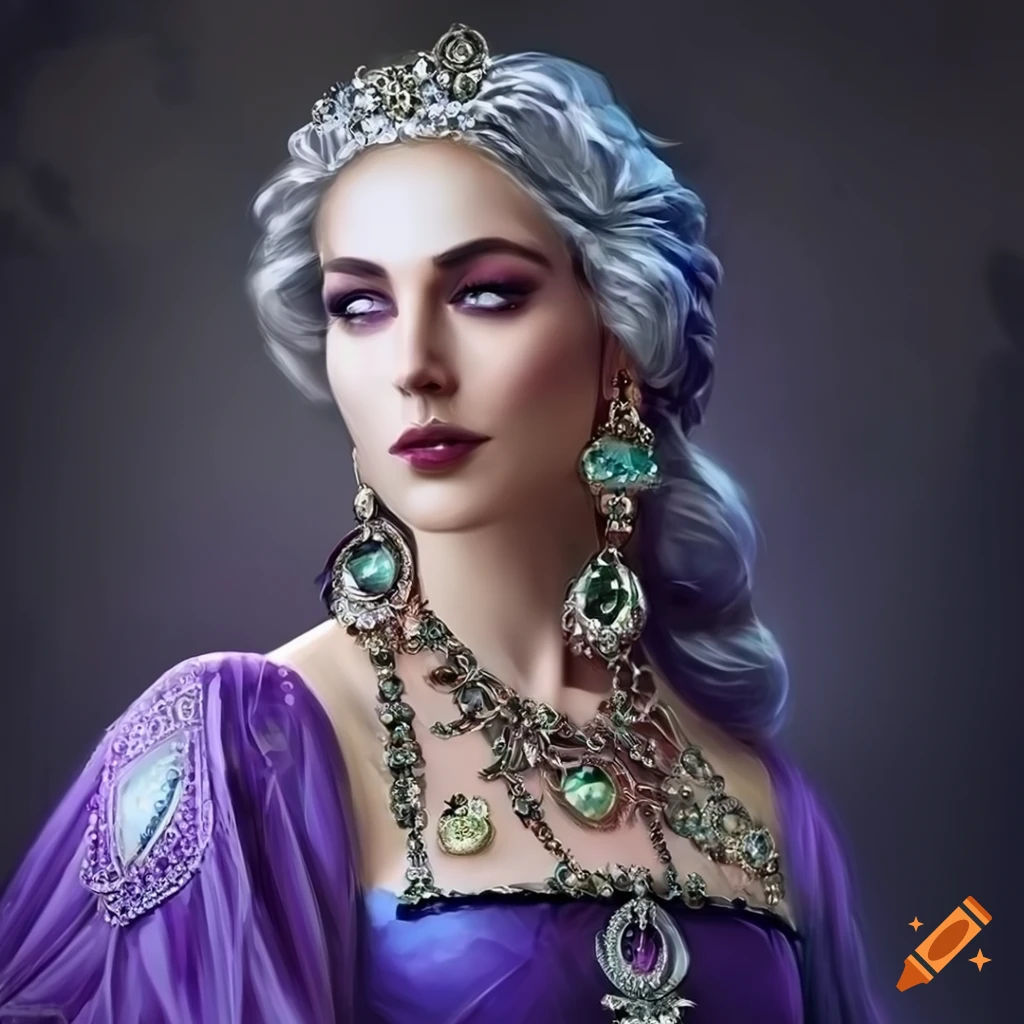 Elegant lady with sharp features, silver white hair, and purple eyes on ...