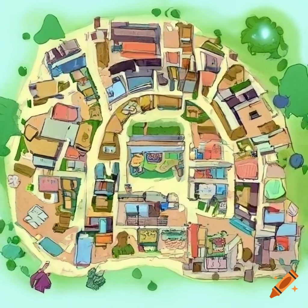 Community map showing locations of church, school, market, playground ...