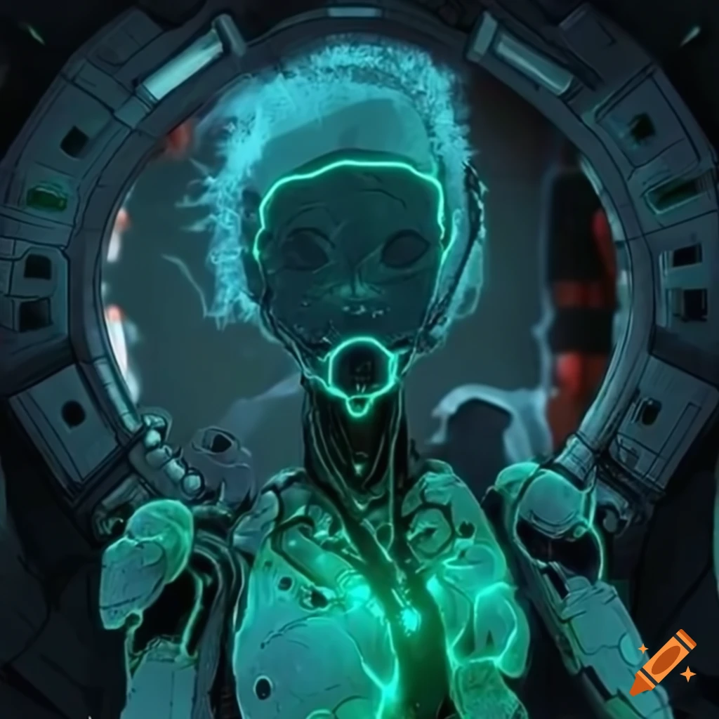High-tech biopunk cyborg covered in glowing moss in a futuristic ...