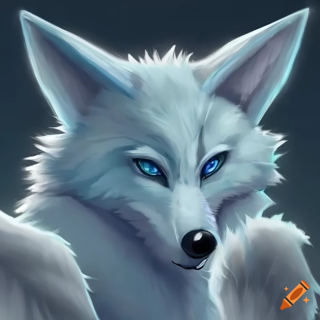 Anthropomorphic white wolf with fennec fox ears and blue eyes in ...