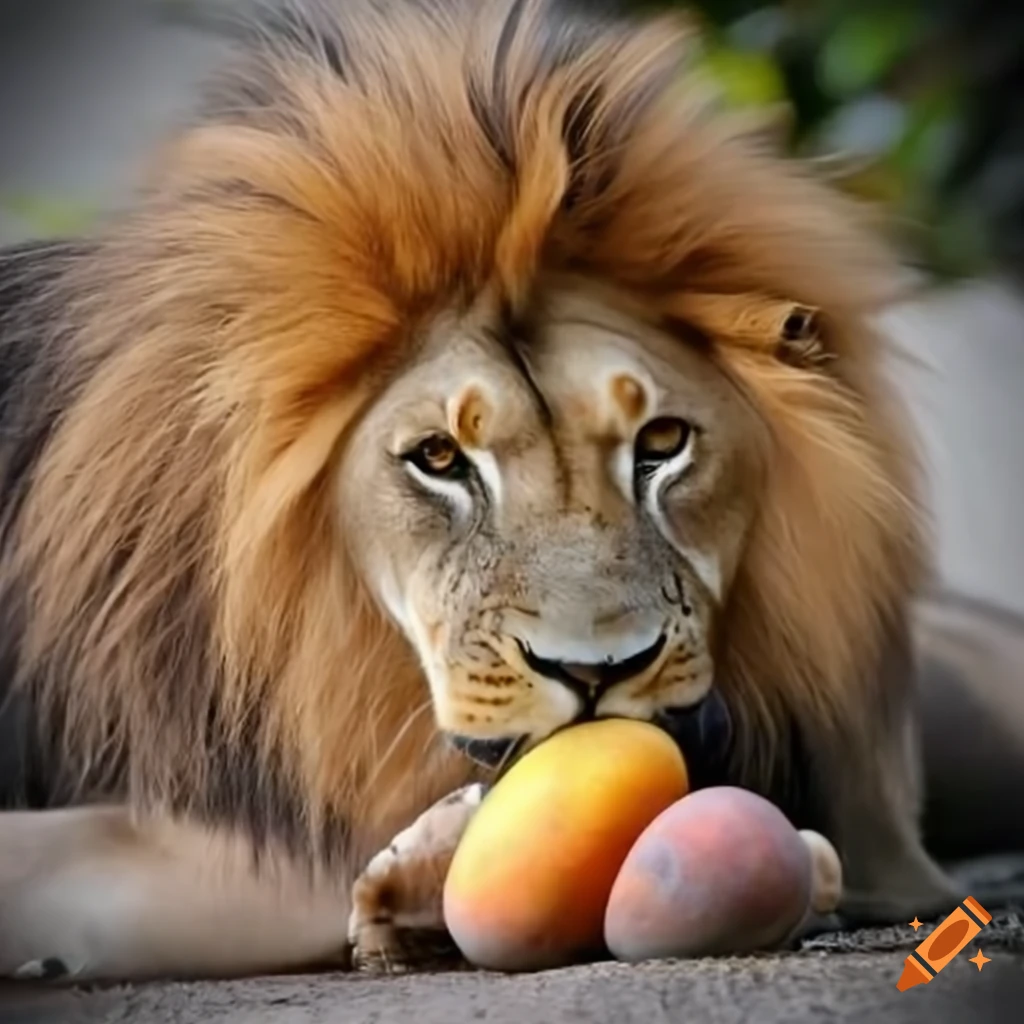 Lion looking at a mango on Craiyon