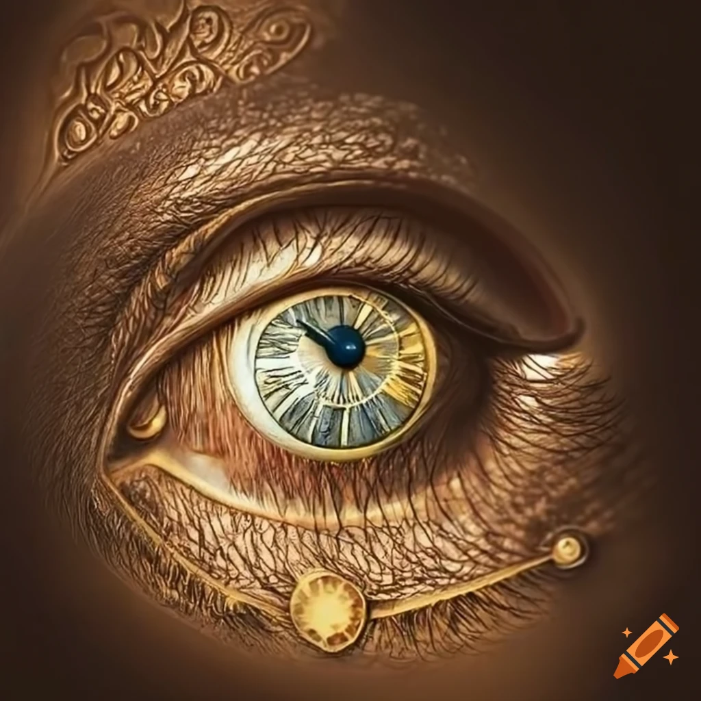 Stylistic art of an intricate eye with golden details and a clock iris ...