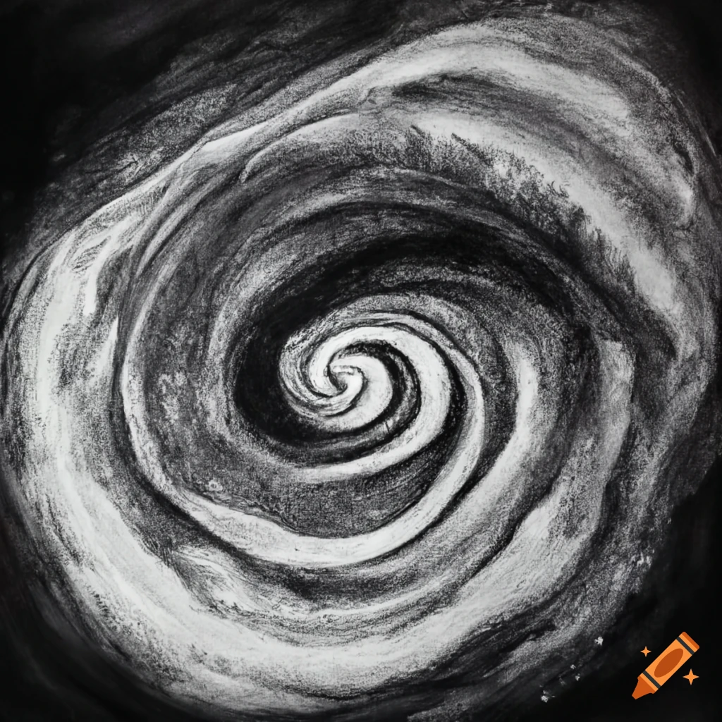 Whirlpool made of clouds in a black and white charcoal drawing on Craiyon
