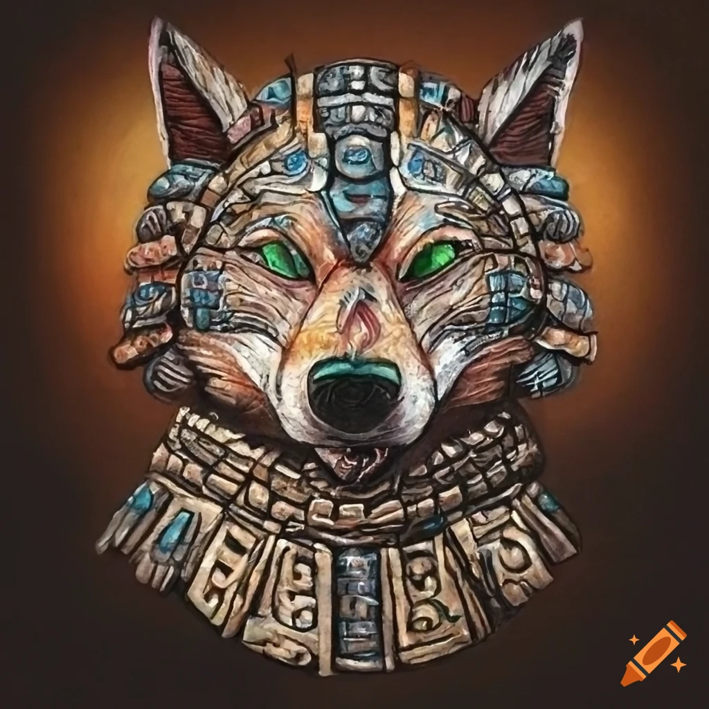 Wolf in mayan armor depicted in mosaic style on Craiyon