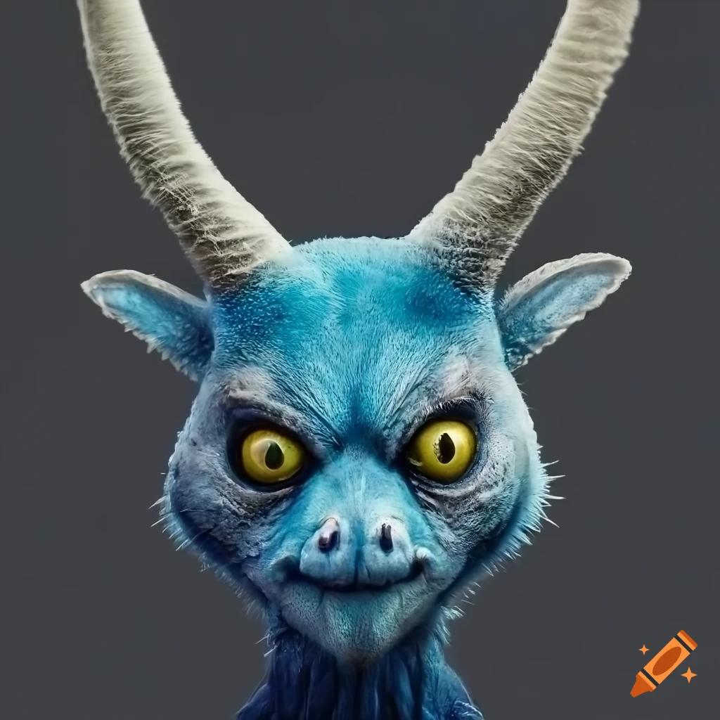 Creepy blue monster head with horns and sharp teeth on black background ...