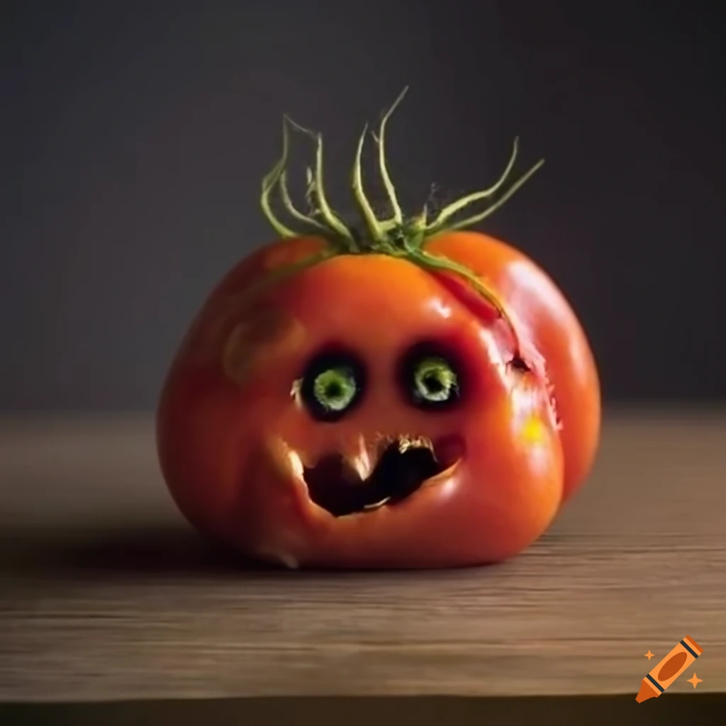 Rotten Tomato Fruit Monster in a close-up micro photoshoot on a wooden ...