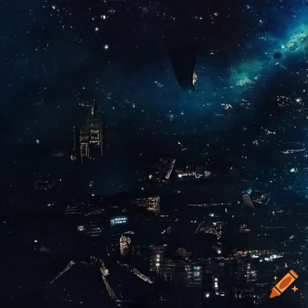 Space background with floating building and debris on Craiyon