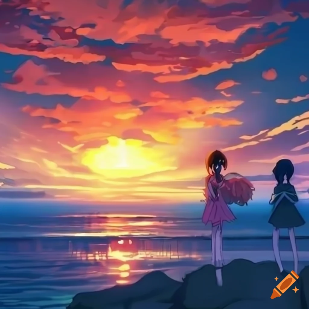 Beautiful sunset anime background on Craiyon