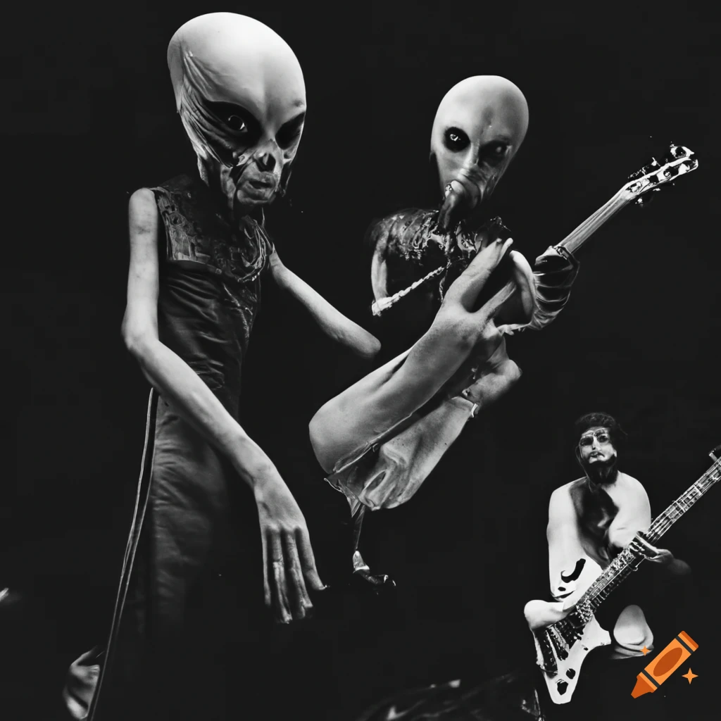Alien band playing in paris in black and white on Craiyon