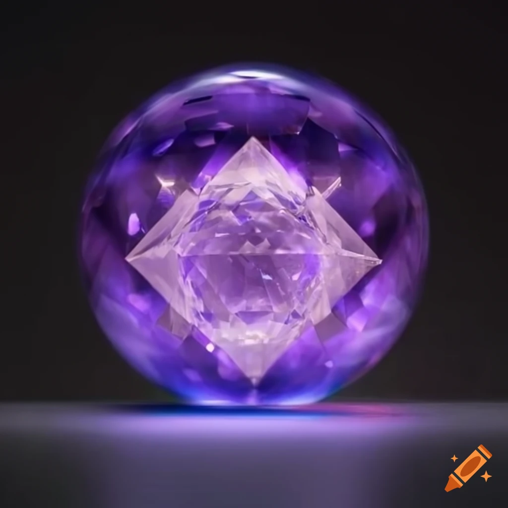 Cloudy purple crystal ball with hypercube engraving on Craiyon