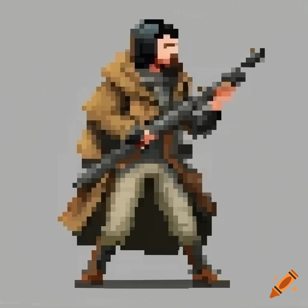 Pixel art of a wilderness ranger in a wasteland world on Craiyon