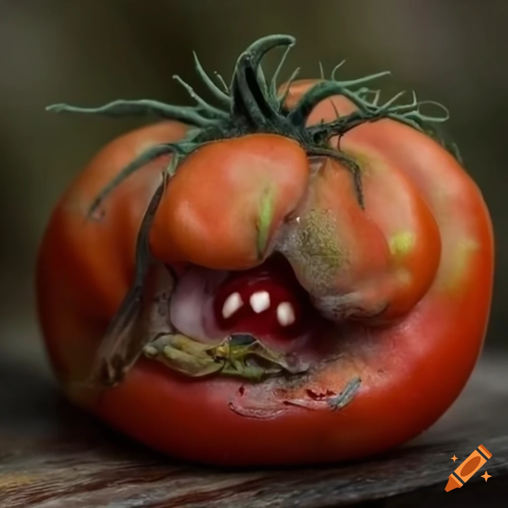 Rotten tomato fruit monster in a close-up micro photoshoot on a wooden ...